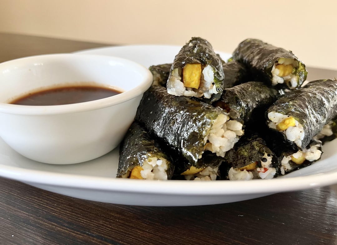 Turmeric-tofu and Sesame-brown-rice wrapped in seaweed. Ginger-garlic ...