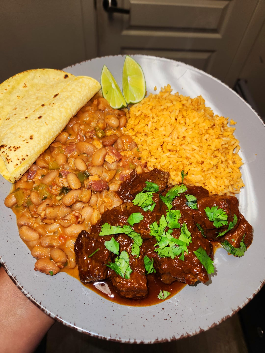 [Homemade] charro beans, Mexican rice, & Chilé Colorado - foodiedude