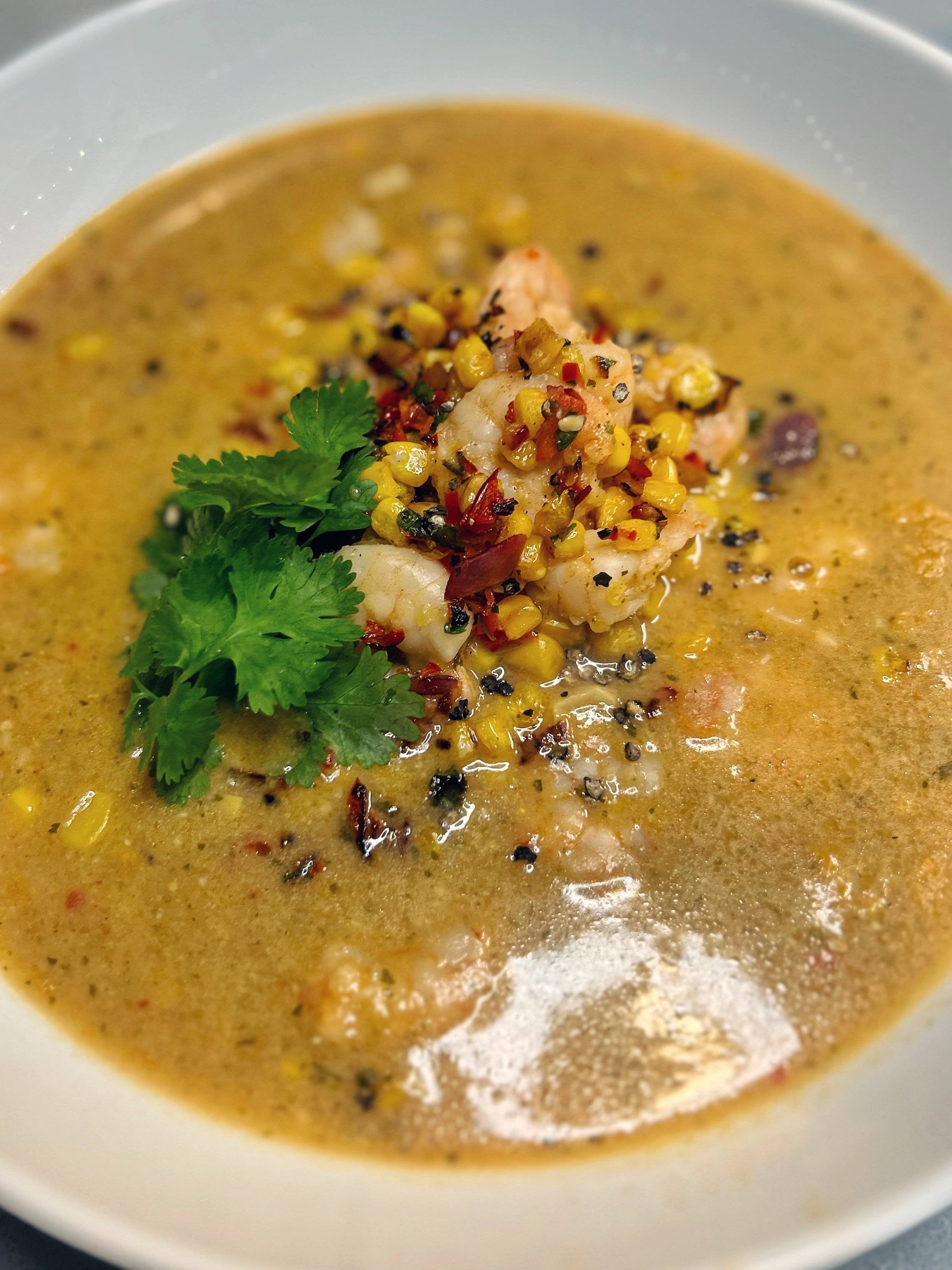 [OC] I made shrimp and corn chowder, thickened with plantains instead ...