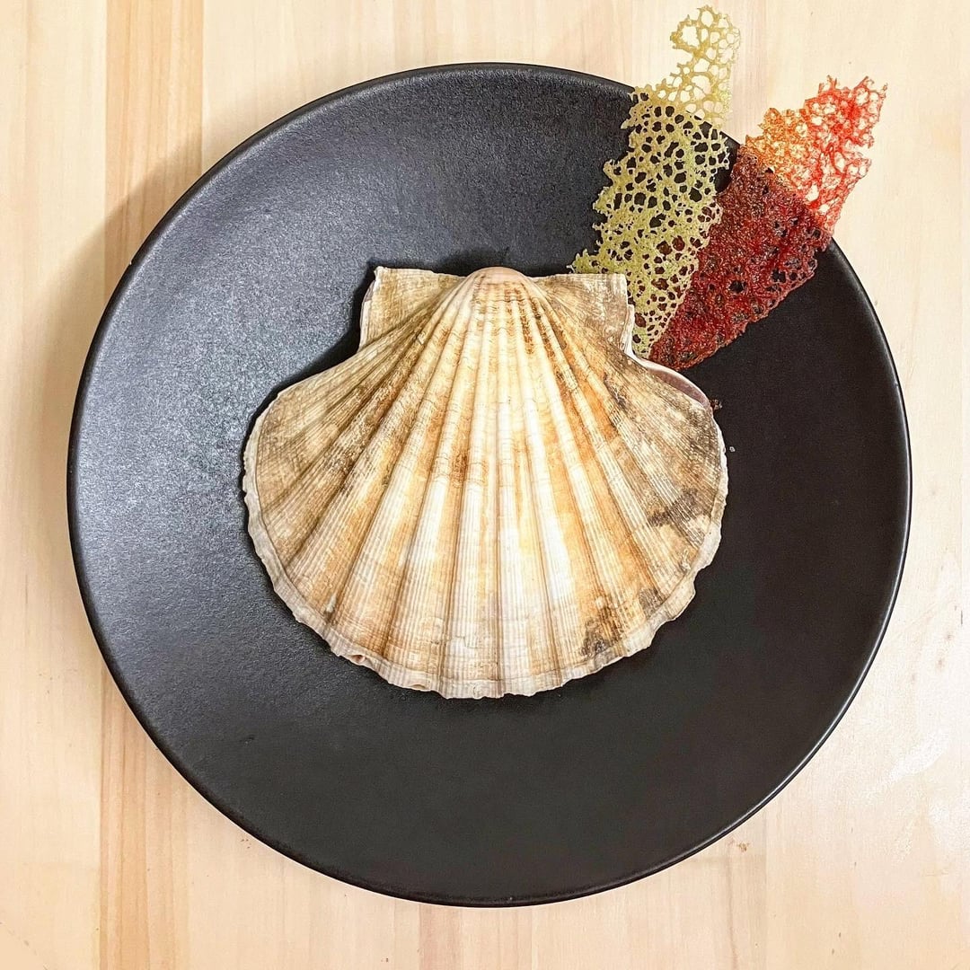 Seared Scallops with a Scallop Roe Emulsion, Black Garlic Pearls and ...