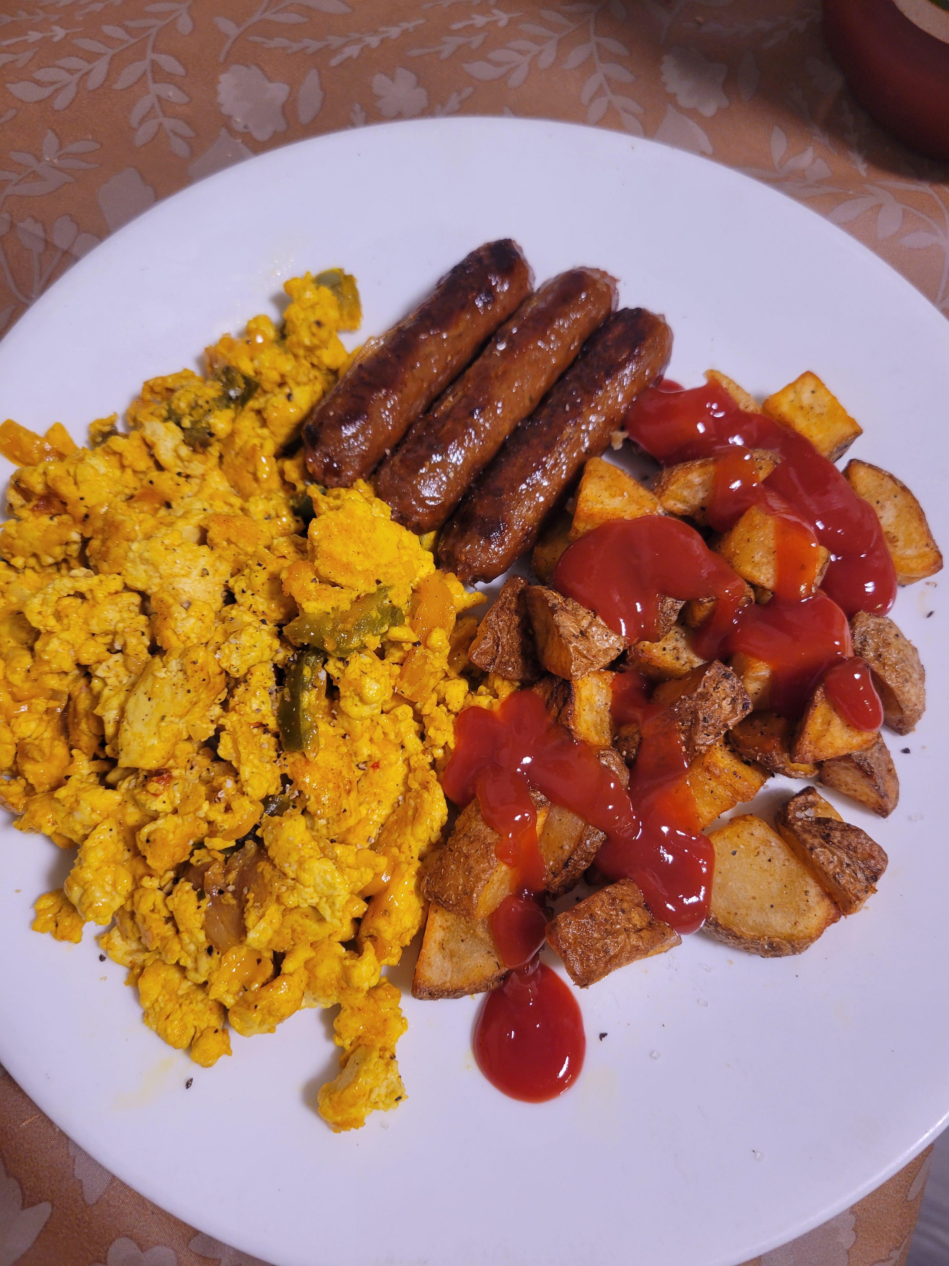 Breakfast for dinner with tofu+ Just egg scramble, Beyond sausages and ...
