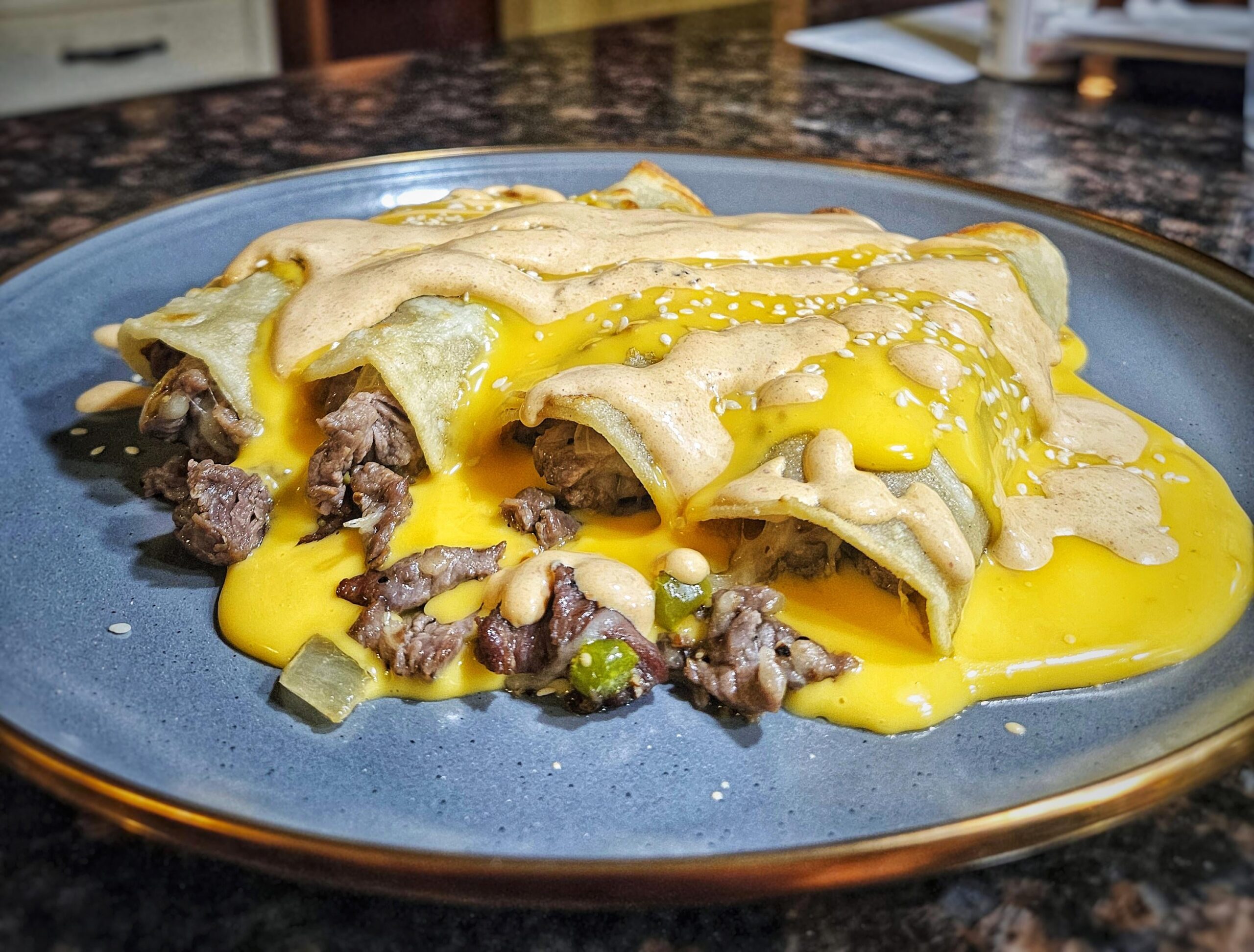 [homemade] Cheesesteak enchiladas, because I'm high and you can't stop ...